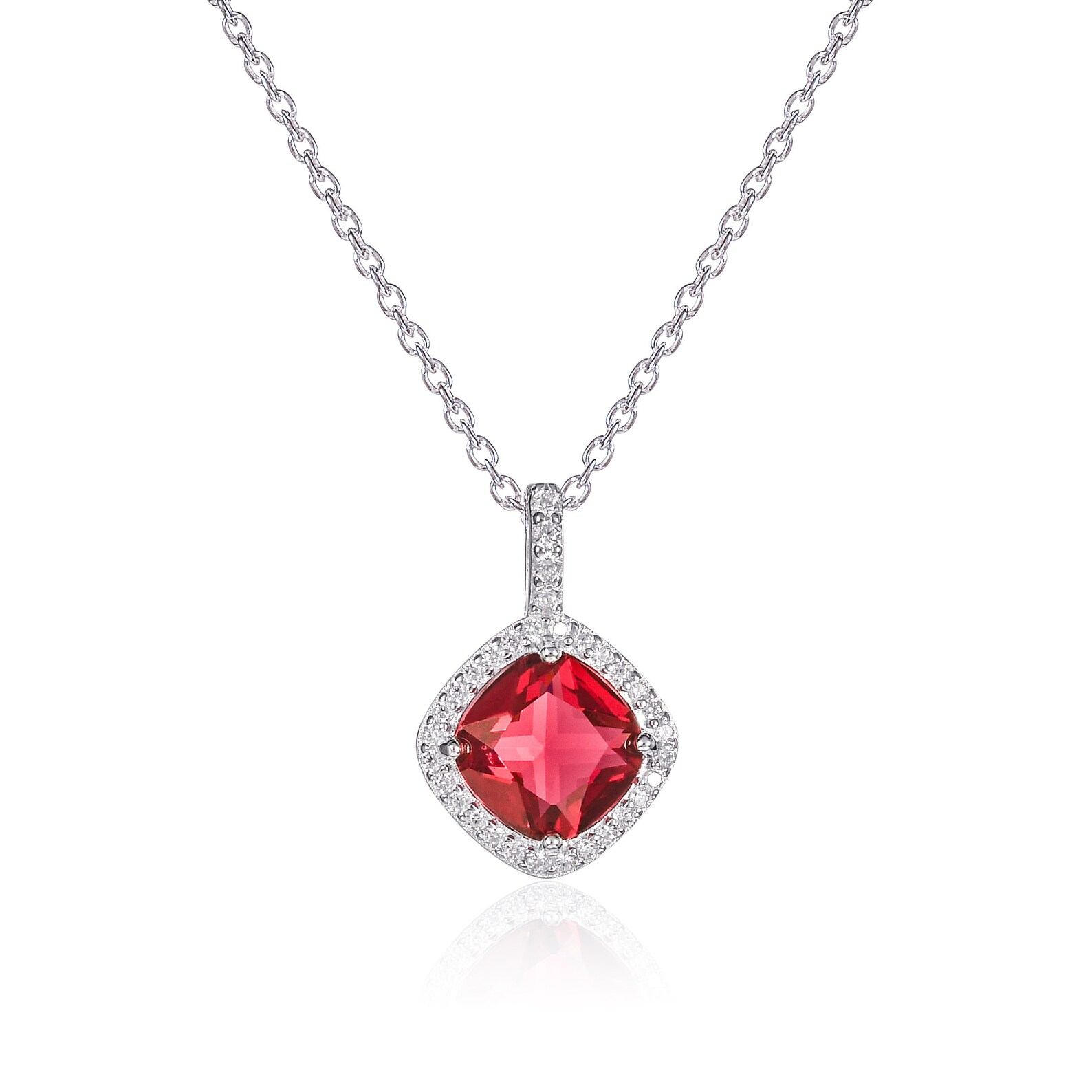 Red Cushion Shaped Pendant Necklace in 925 Sterling Silver, Halo ...