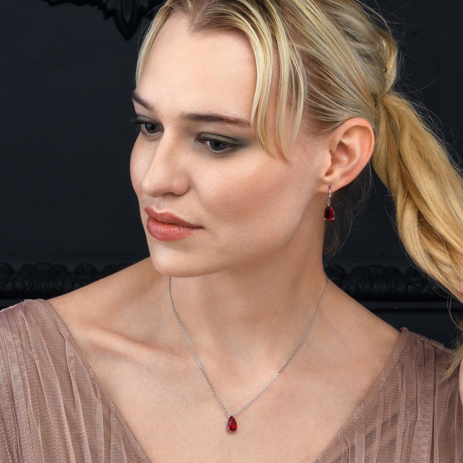 Pear Drop Silver Earrings With Red Cubic Zirconia Stones for Women ...