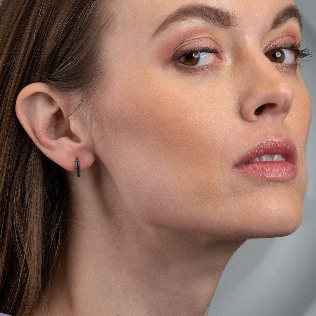 Small 925 Sterling Silver Black Hoop Earrings for Women. Dainty Silver ...