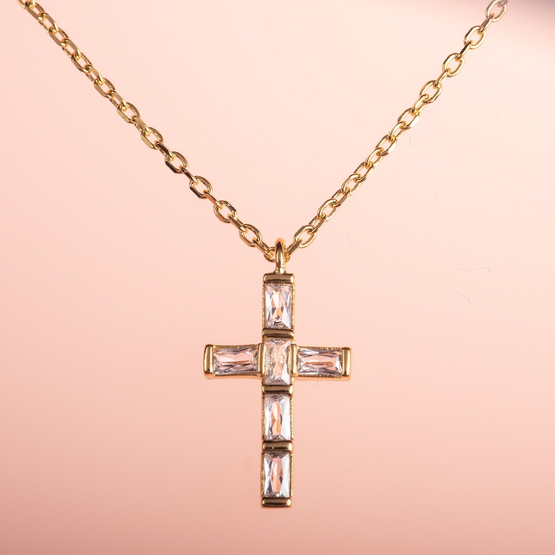 Gold Cross Necklace for Women With Baguette Cubic Zirconia, Dainty Gold ...