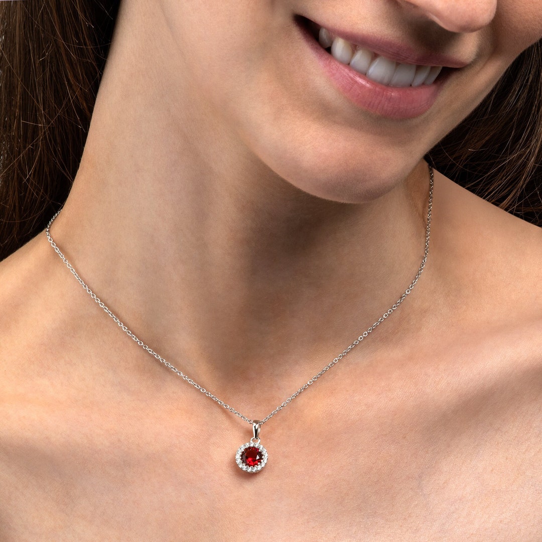 925 Sterling Silver Halo Red Pendant Necklace for Women,classic Round ...