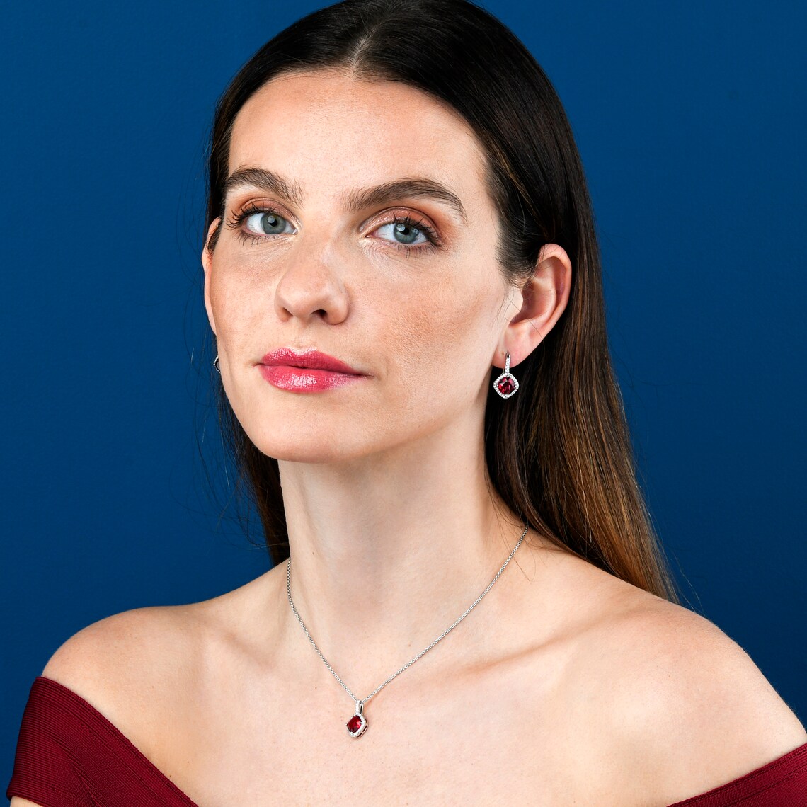 Red Cushion Shaped Pendant Necklace in 925 Sterling Silver, Halo ...