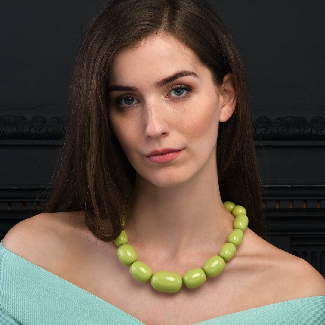 20 Inch Long Light Green Statement Necklace for Women, Handmade Chunky ...