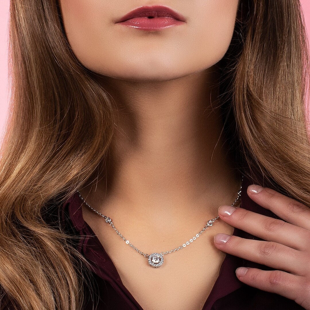 Silver Round Pendant Necklace for Women With White Cubic Zirconia ...