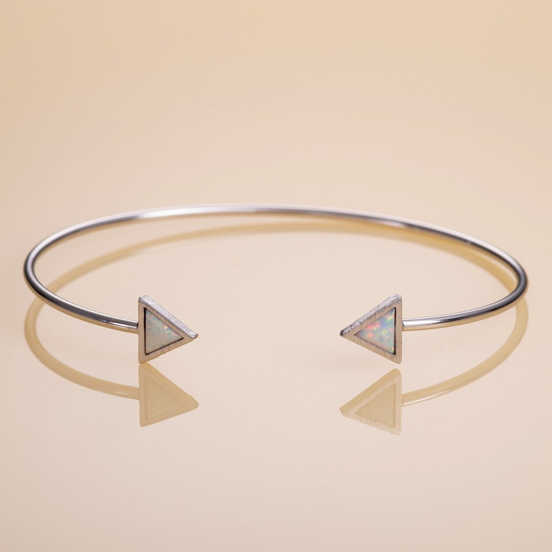 Silver Triangle Opal Bangle Bracelet for Women, Dainty Geometric Open Bangle With White Opals ...