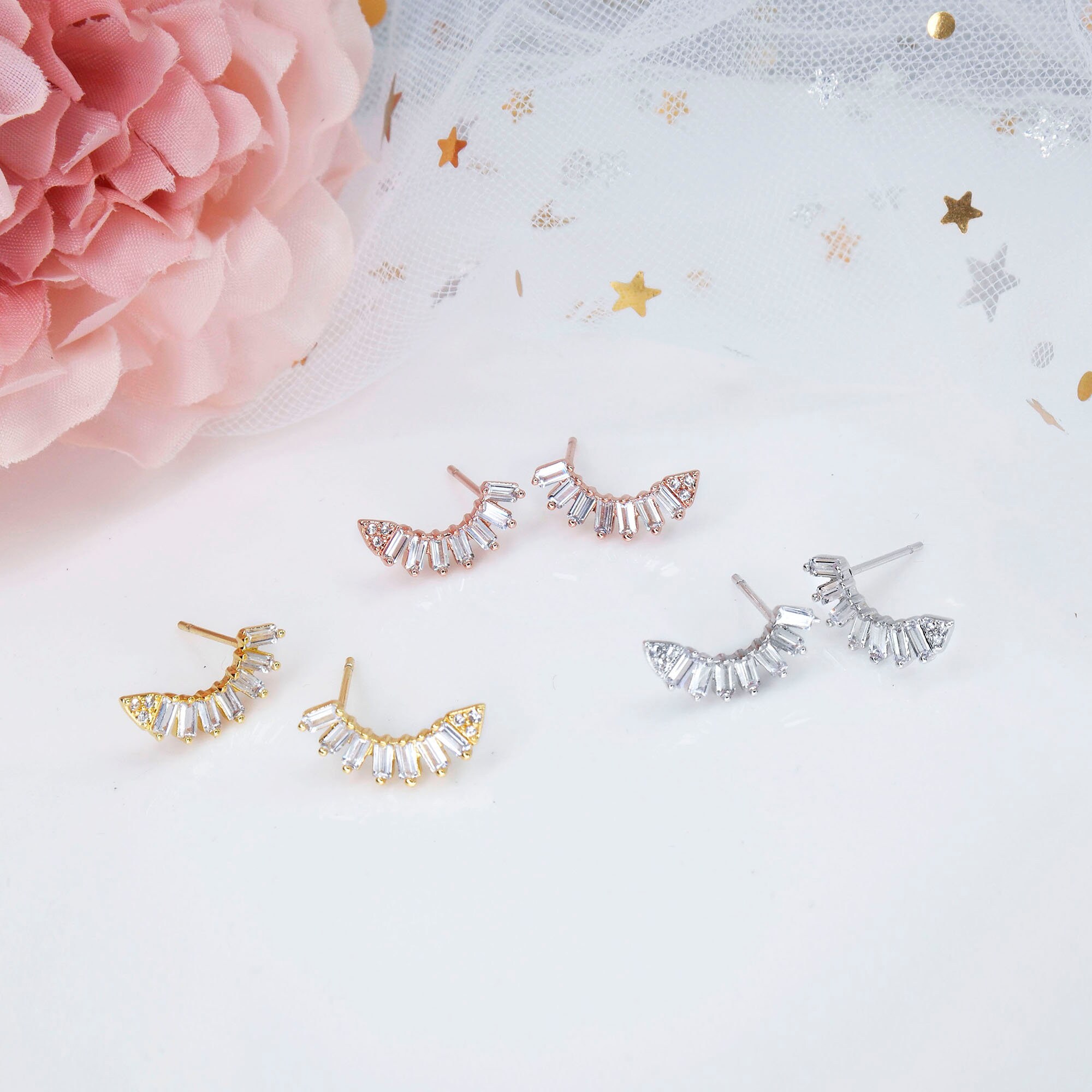 Gold Ear Climber Earrings for Women, Gold Ear Crawlers Set With Cubic ...