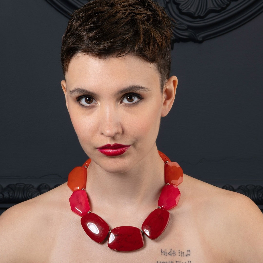 Red Statement Necklace for Women, Handmade Boho Chic Chunky Necklace ...