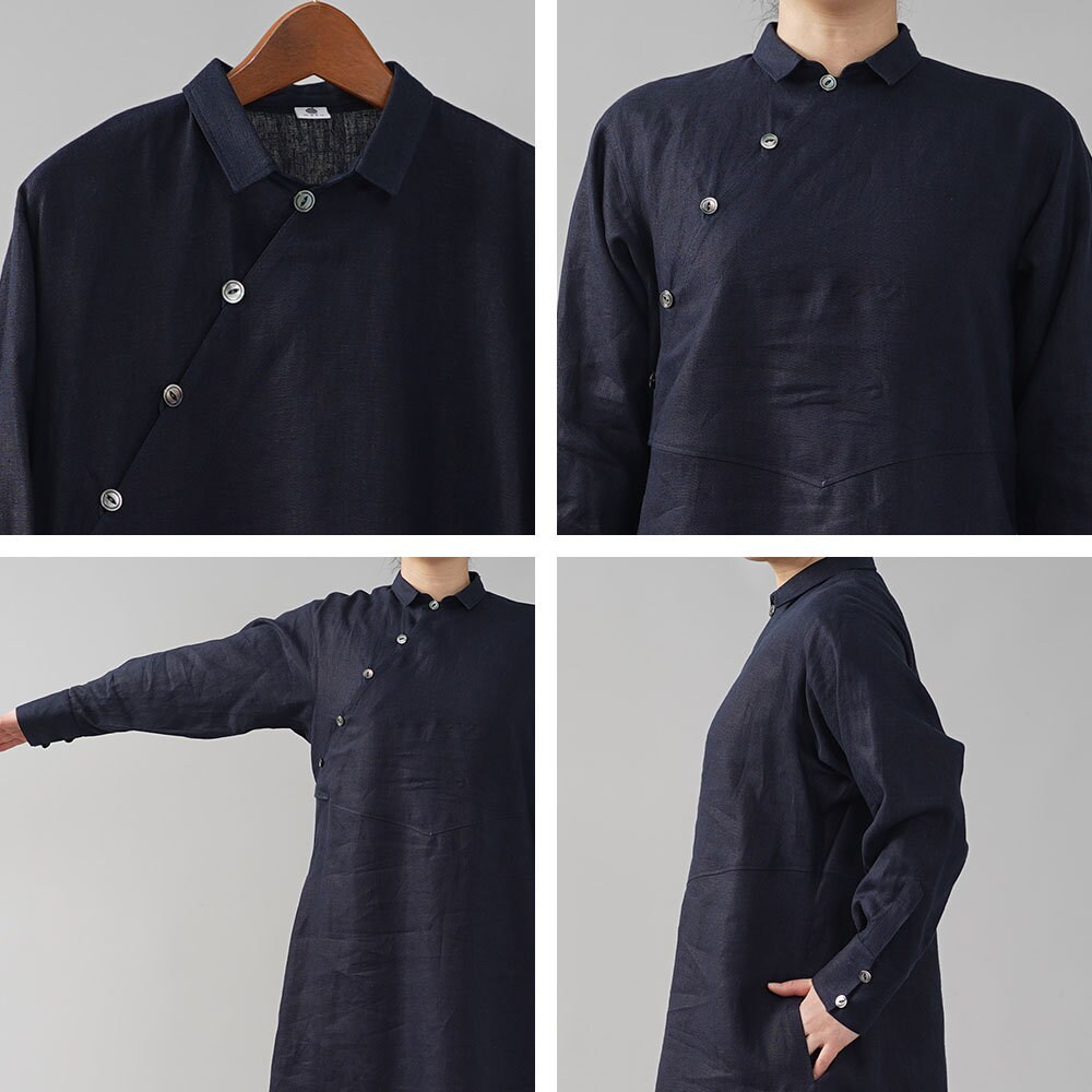 Wafu Midweight Linen Asian Shirt Dress / Navy A028h-neb2 - Etsy