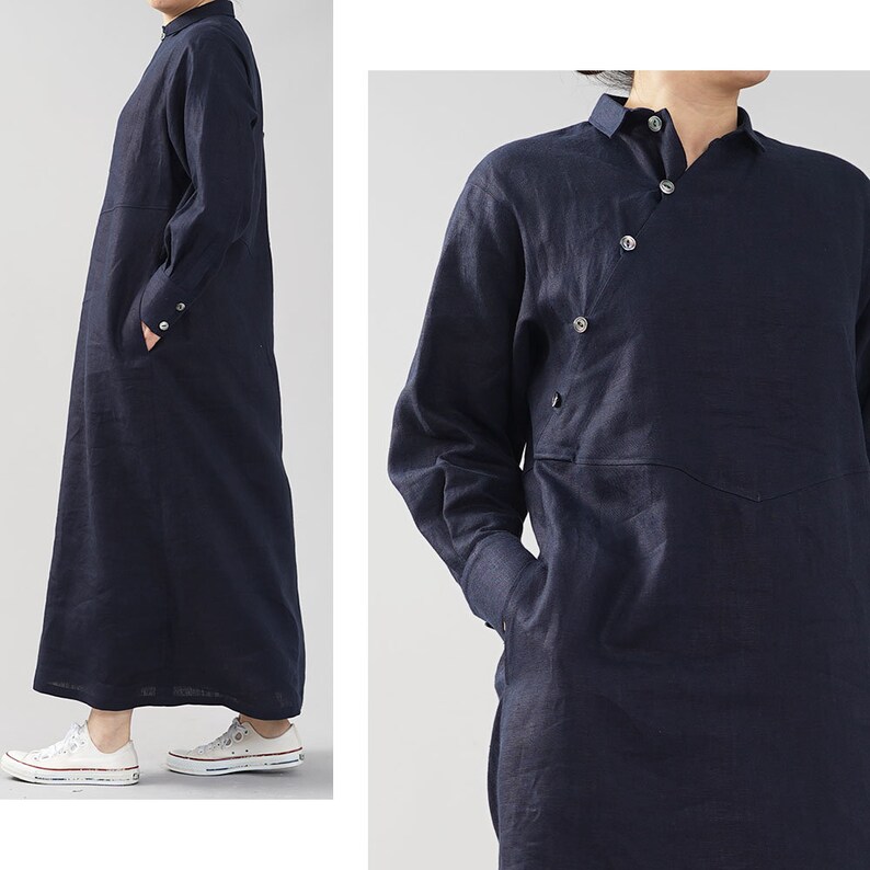 Wafu Midweight Linen Asian Shirt Dress / Navy A028h-neb2 - Etsy
