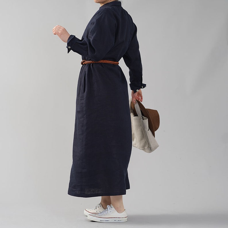 Wafu Midweight Linen Asian Shirt Dress / Navy A028h-neb2 - Etsy