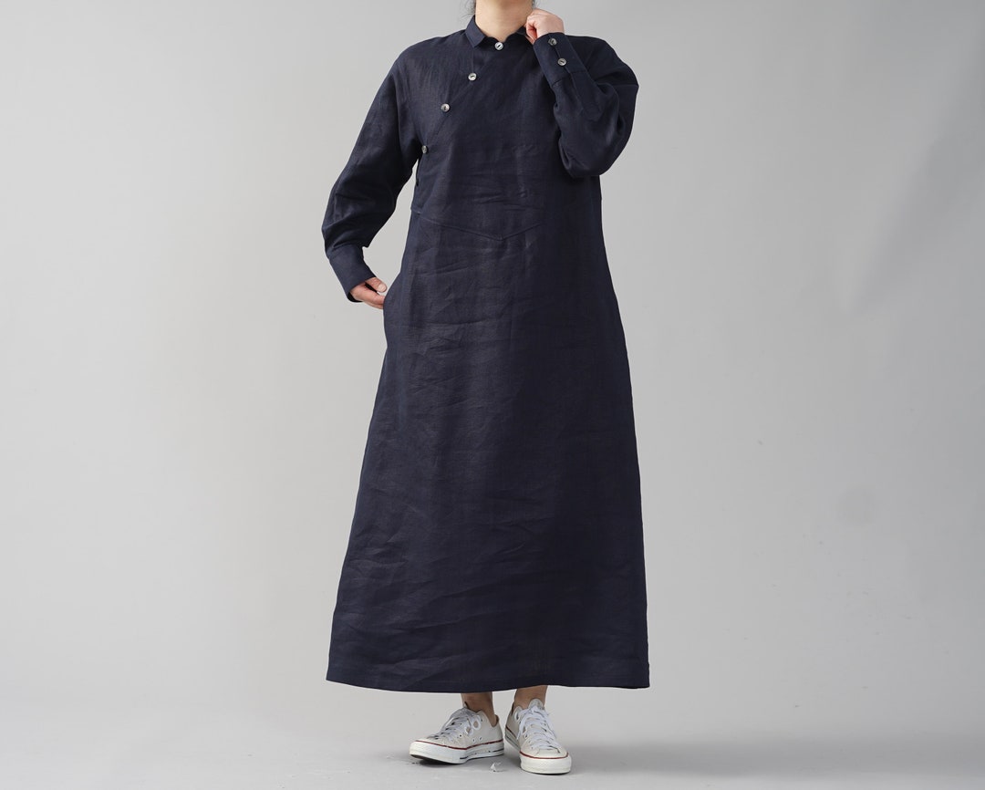 Wafu Midweight Linen Asian Shirt Dress / Navy A028h-neb2 - Etsy