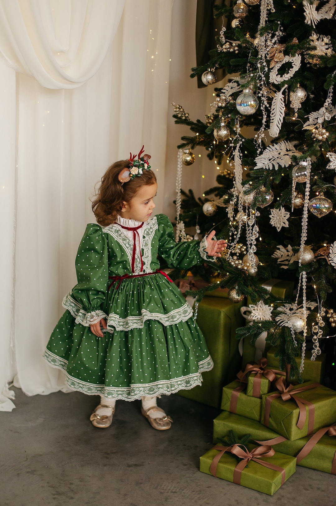 Toddler Christmas Tree Dress With Collar and Belt, Dotted Festive Baby ...
