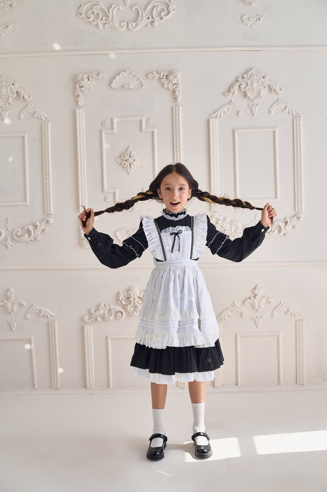 French Maid Baby Girl Dress With White Apron, Black Toddler Cotton ...