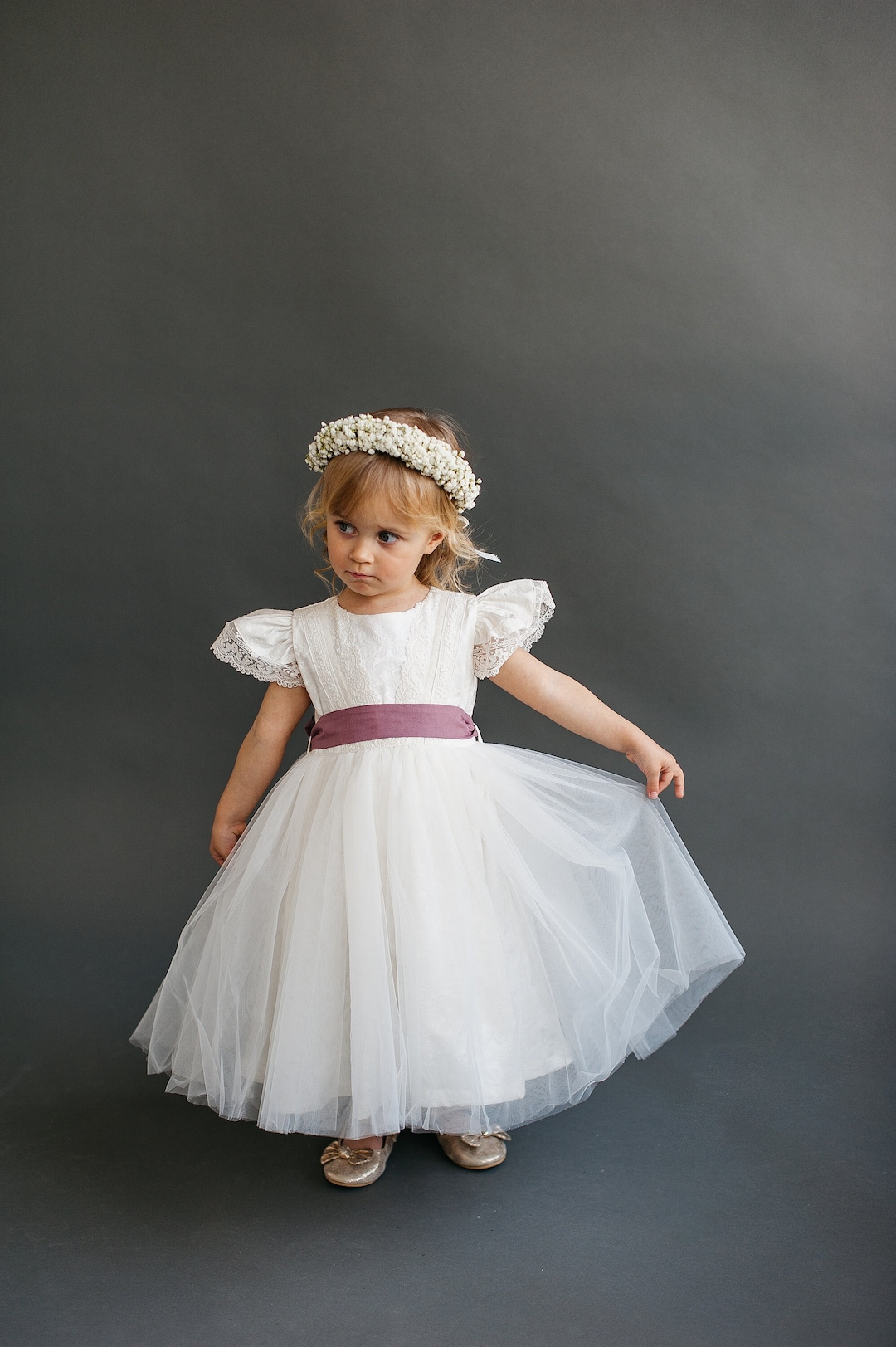 White First Communion Tulle Dress, Toddler Christening Frock for Girl ...