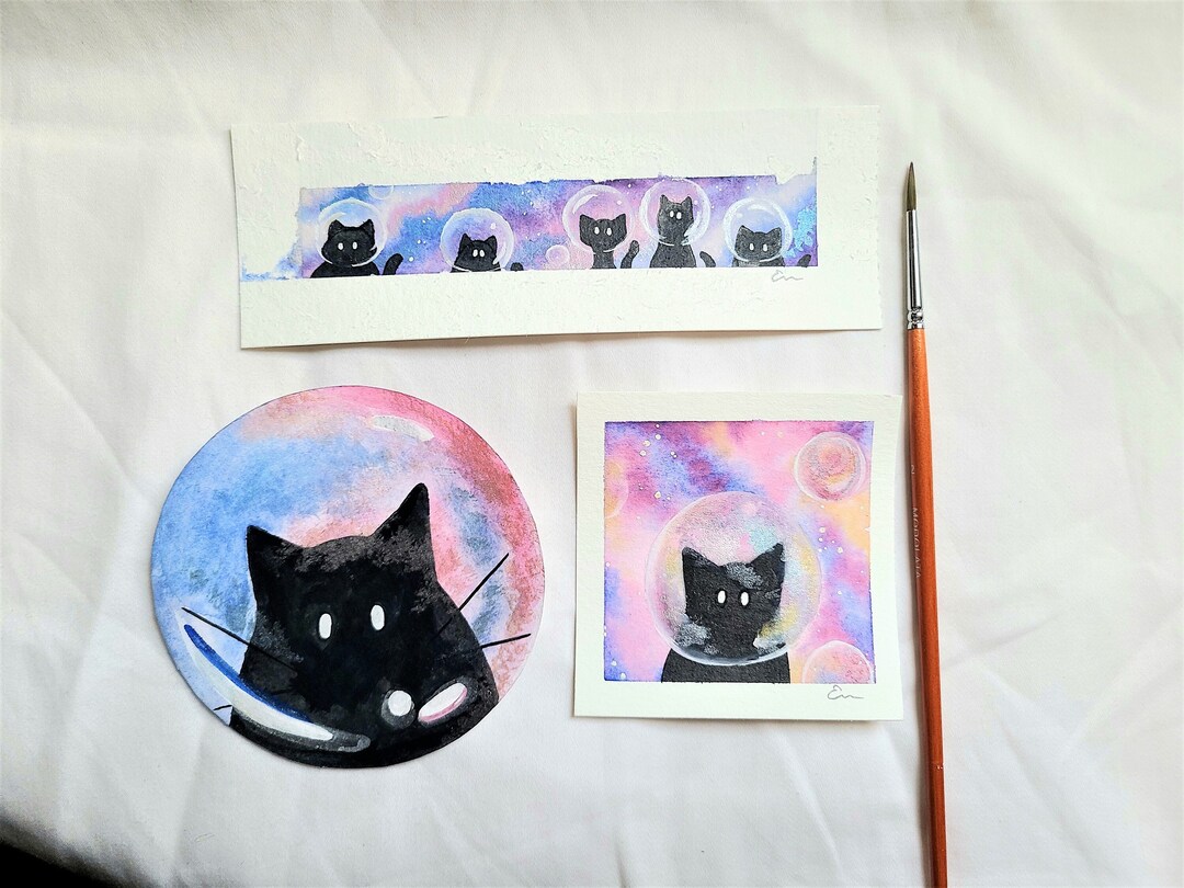 Original Painting Space Cats Watercolor Art - Etsy