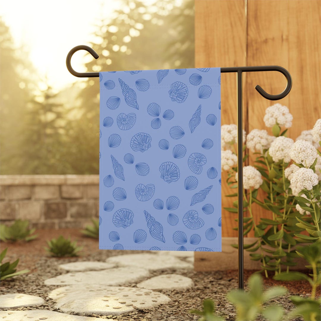 Slightly Subtle Coastal Shell Pattern Garden Banner on Blue, Outdoor ...