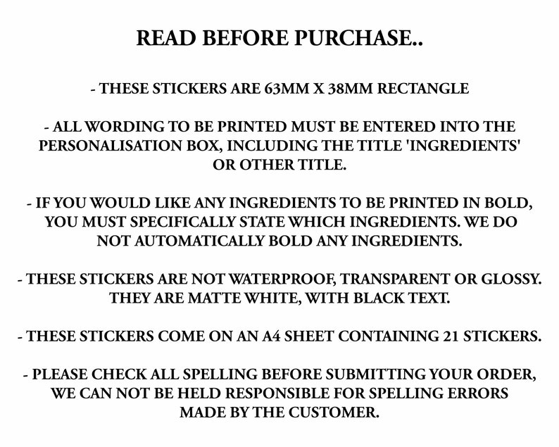 Printed Ingredients Labels Custom Ingredients List Stickers - Etsy