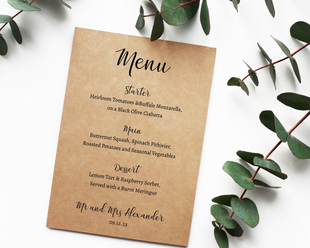 Personalised Wedding Menu Card - Rustic Menu - Wedding Breakfast Menu ...