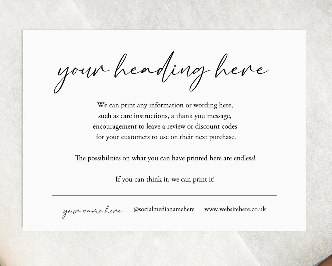 Custom Wording Business Cards for Packaging. Printed Thank You, Care ...