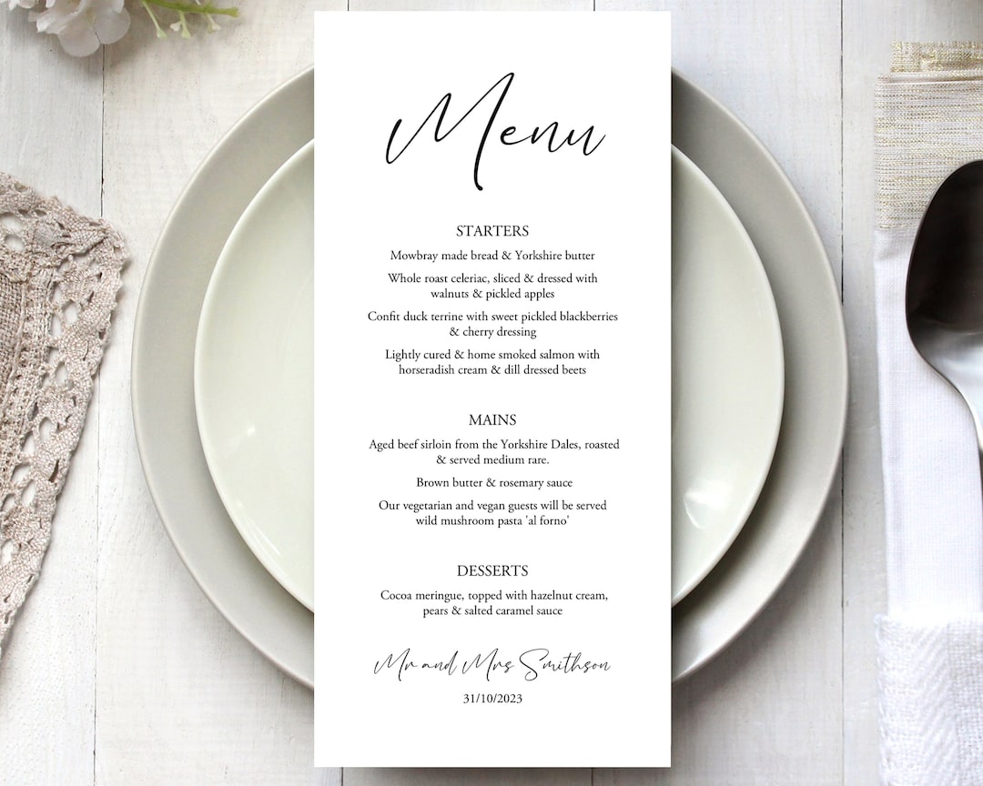 Printed Wedding Menu - Custom Wording Menu for Weddings - Personalised ...