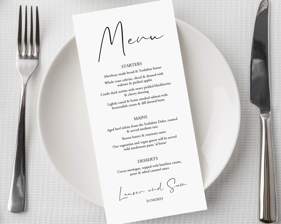 Custom Printed Wedding Menu Wedding Menu Cards Birthday - Etsy UK