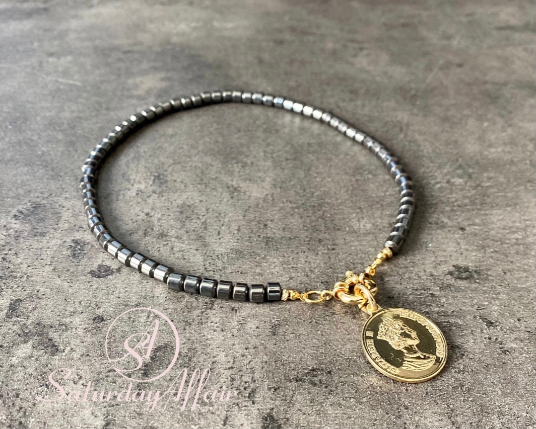 Black Hematite and Necklace With Coin Pendant, Gemstone Jewellery ...