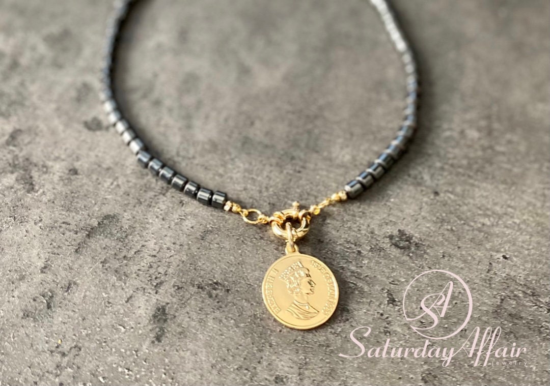 Black Hematite and Necklace With Coin Pendant, Gemstone Jewellery ...