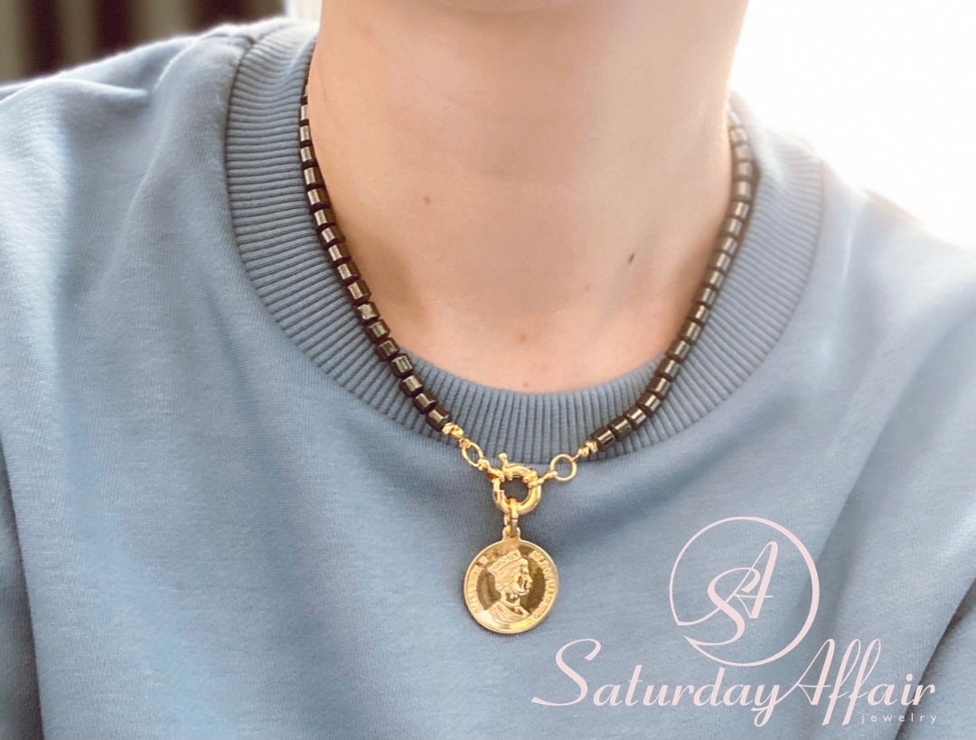 Black Hematite and Necklace With Coin Pendant, Gemstone Jewellery ...