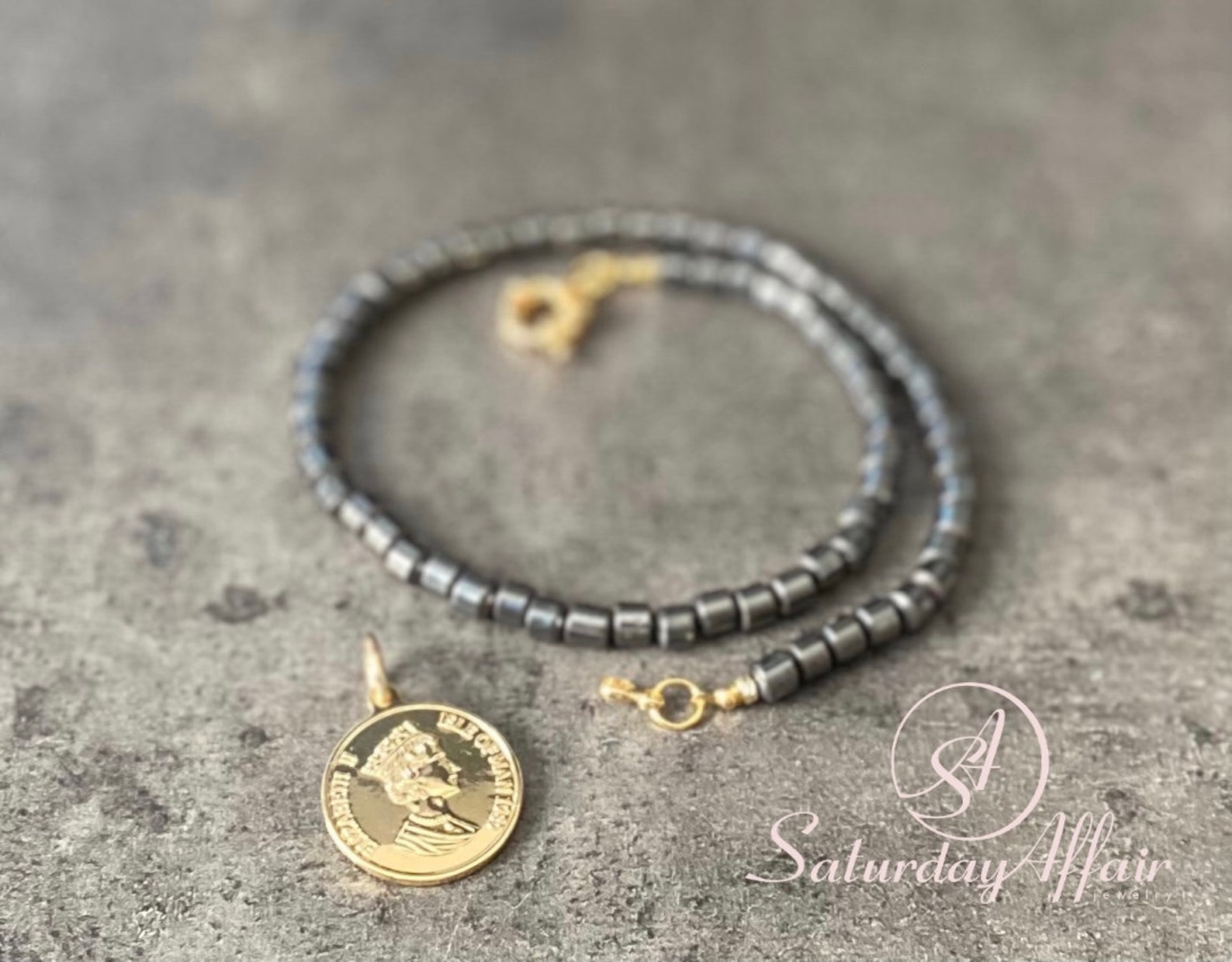 Black Hematite and Necklace With Coin Pendant, Gemstone Jewellery ...