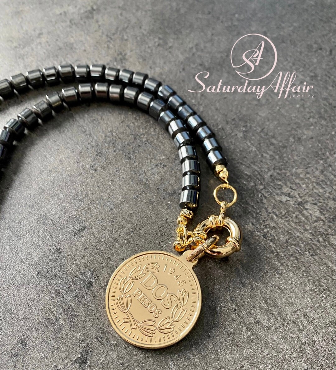 Black Hematite and Necklace With Coin Pendant, Gemstone Jewellery ...
