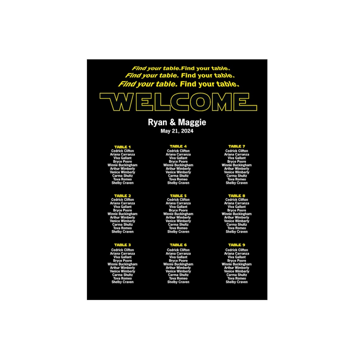 Star Wars Wedding Seating Chart Template Wedding Seating - Etsy