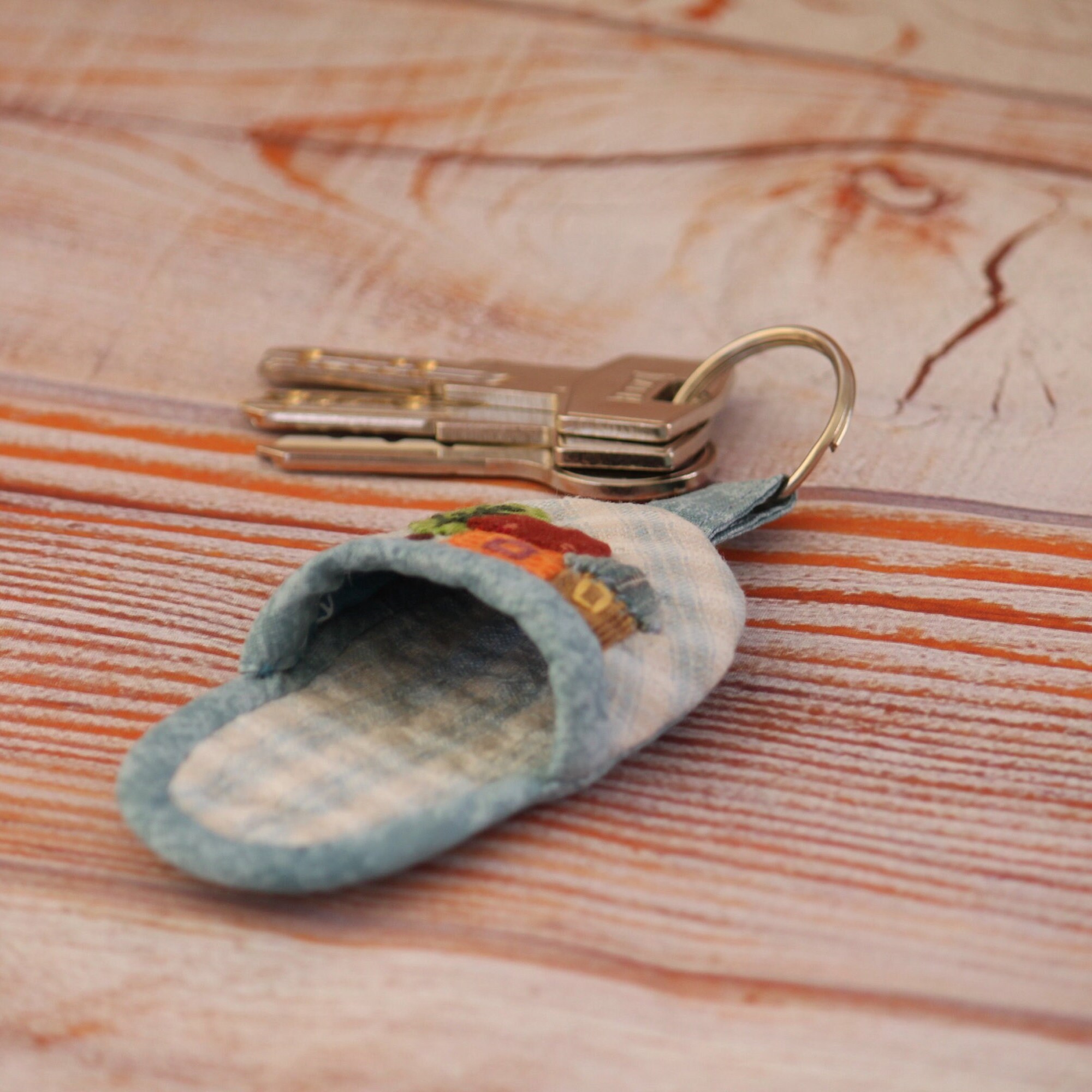 Embroidered Keychain in a Shape of Slipper, Fabric Key Fob, Quilted Car ...