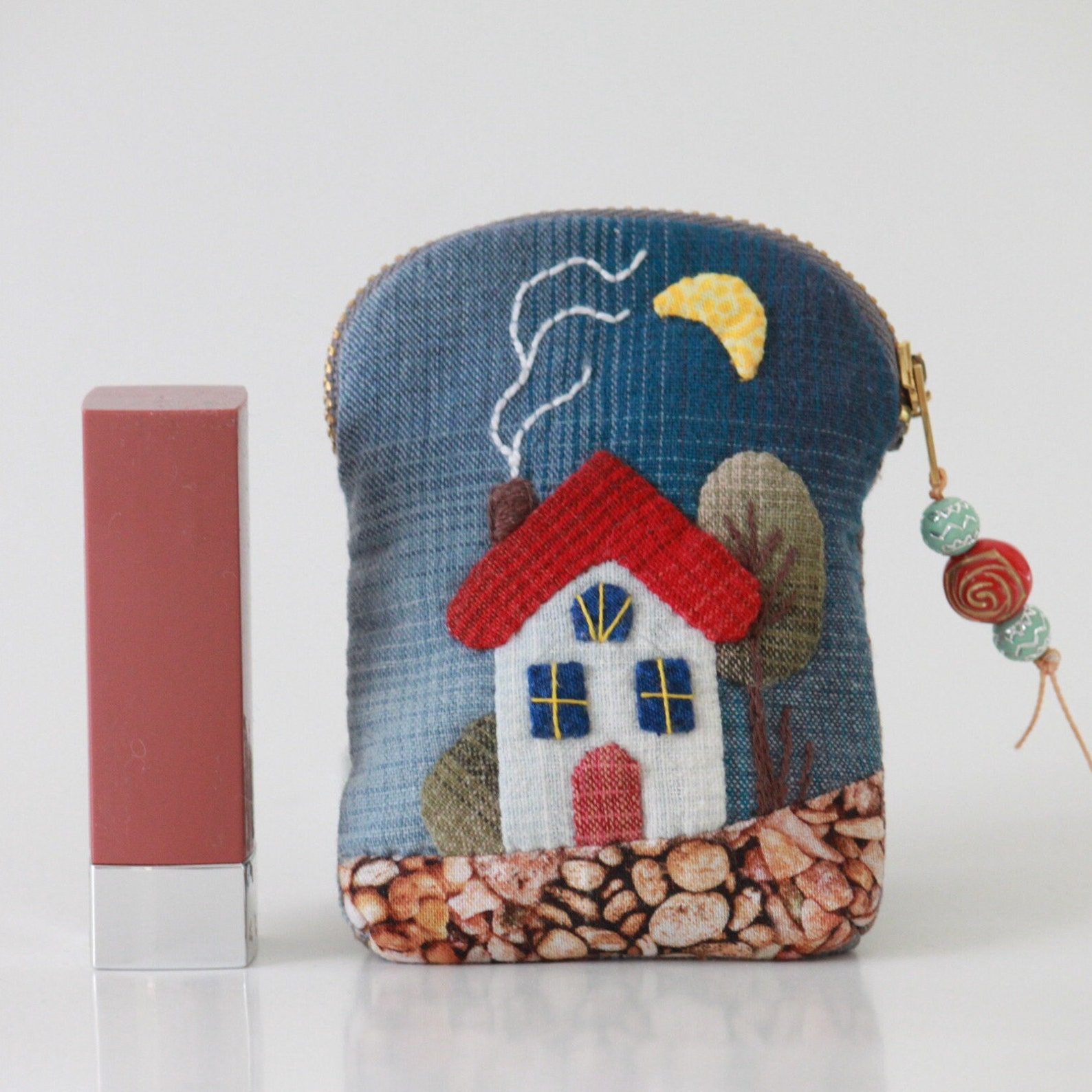 Mini Change Purse With Zip, Blue Tiny Coin Purse With House Applique - Etsy