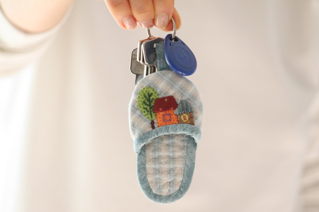 Embroidered Keychain in a Shape of Slipper, Fabric Key Fob, Quilted Car ...