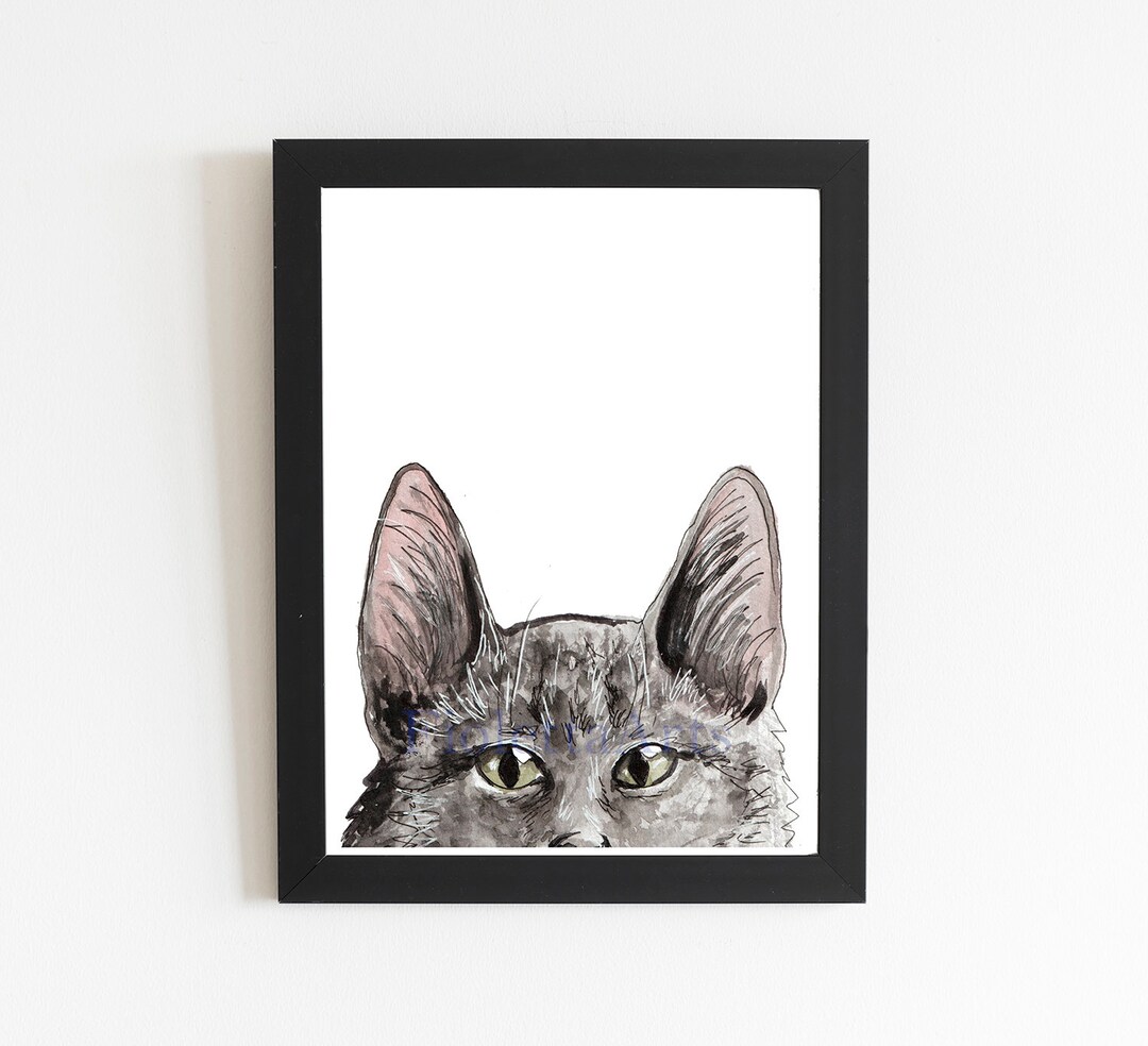 Gray Cat Art Print, Peeking Gray Cat Watercolor Painting, Cat Lover ...