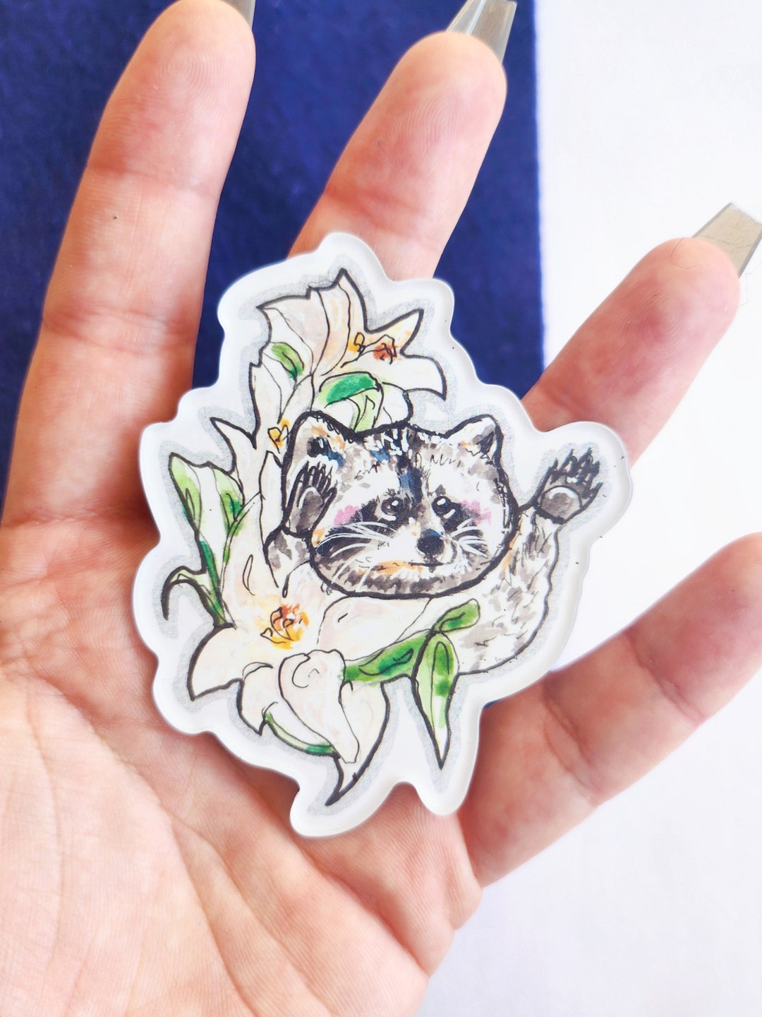 Racoon Magnet With White Lilies, Trash Panda Theme Watercolor ...