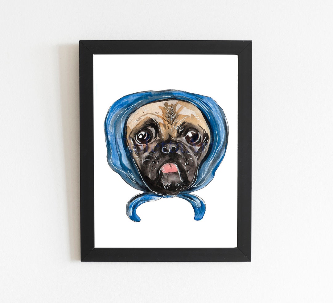 Pug Babushka Art Print Watercolor Wall Decor Illustration, Cute Pet Dog ...