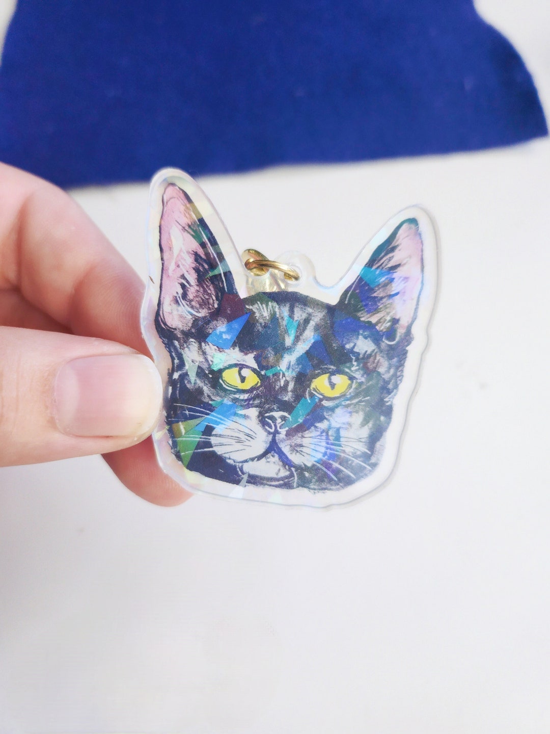 Black Cat Holographic Keychain, Black Cat Small Gift, Holo Pet Keyring ...