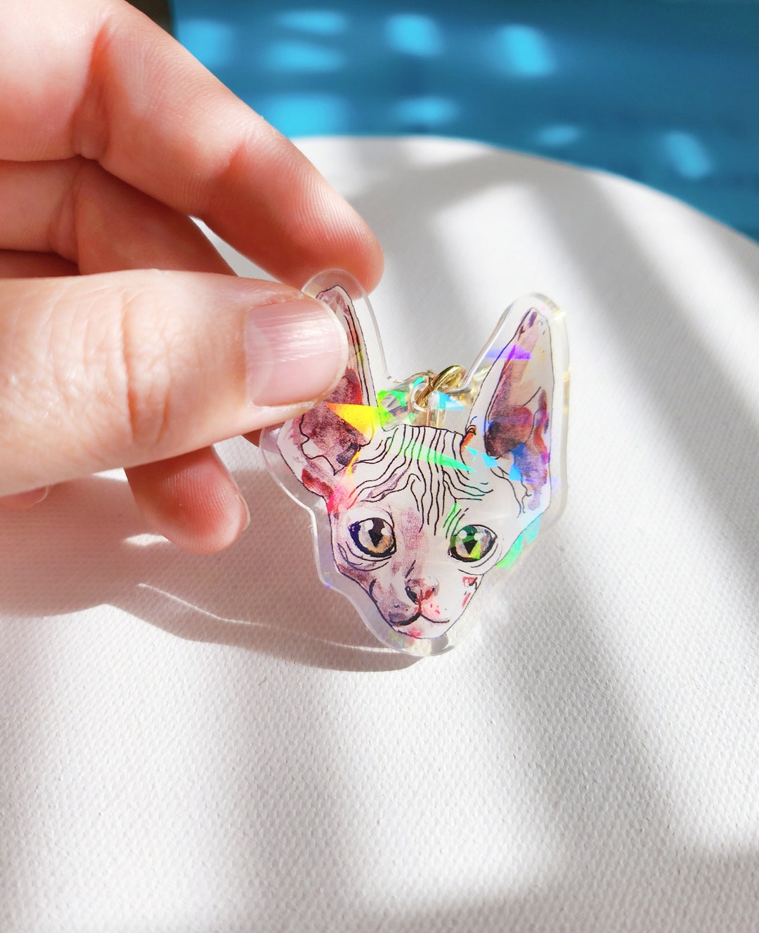 Pink Sphynx Cat Keychain, Cute Holographic Keychain, Holo Colorful Cat ...