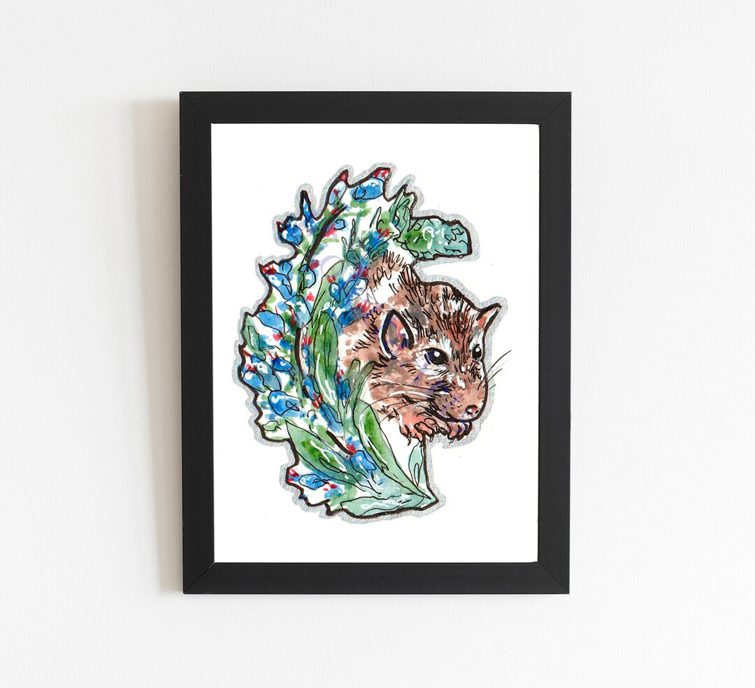 Rat Art Print With Blue Flowers, Painting Animal Art Rat Lover Gift ...
