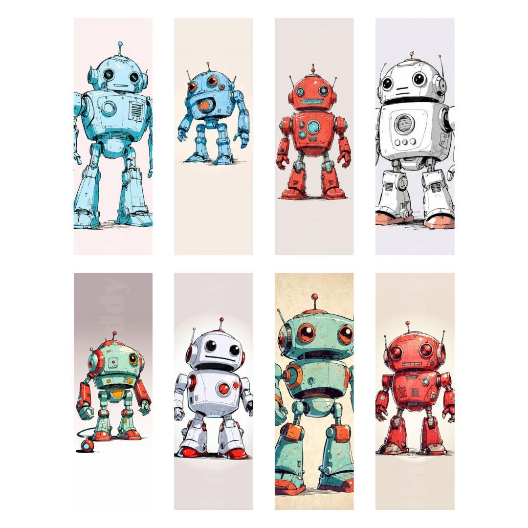 8 Bookmarks DIY Fantasy | Digital Art Download - Robot 1 - Etsy
