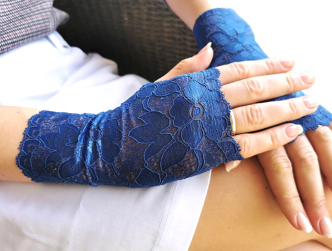 Dark Blue Lace Fingerless Gloves, Stretch Floral Design - Etsy