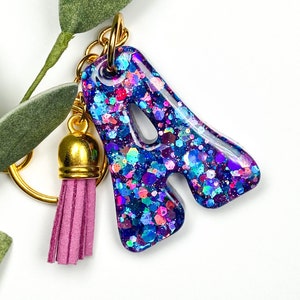 Glitter Resin Letter Keychain, Custom Initial Purple Blue Key Charm ...
