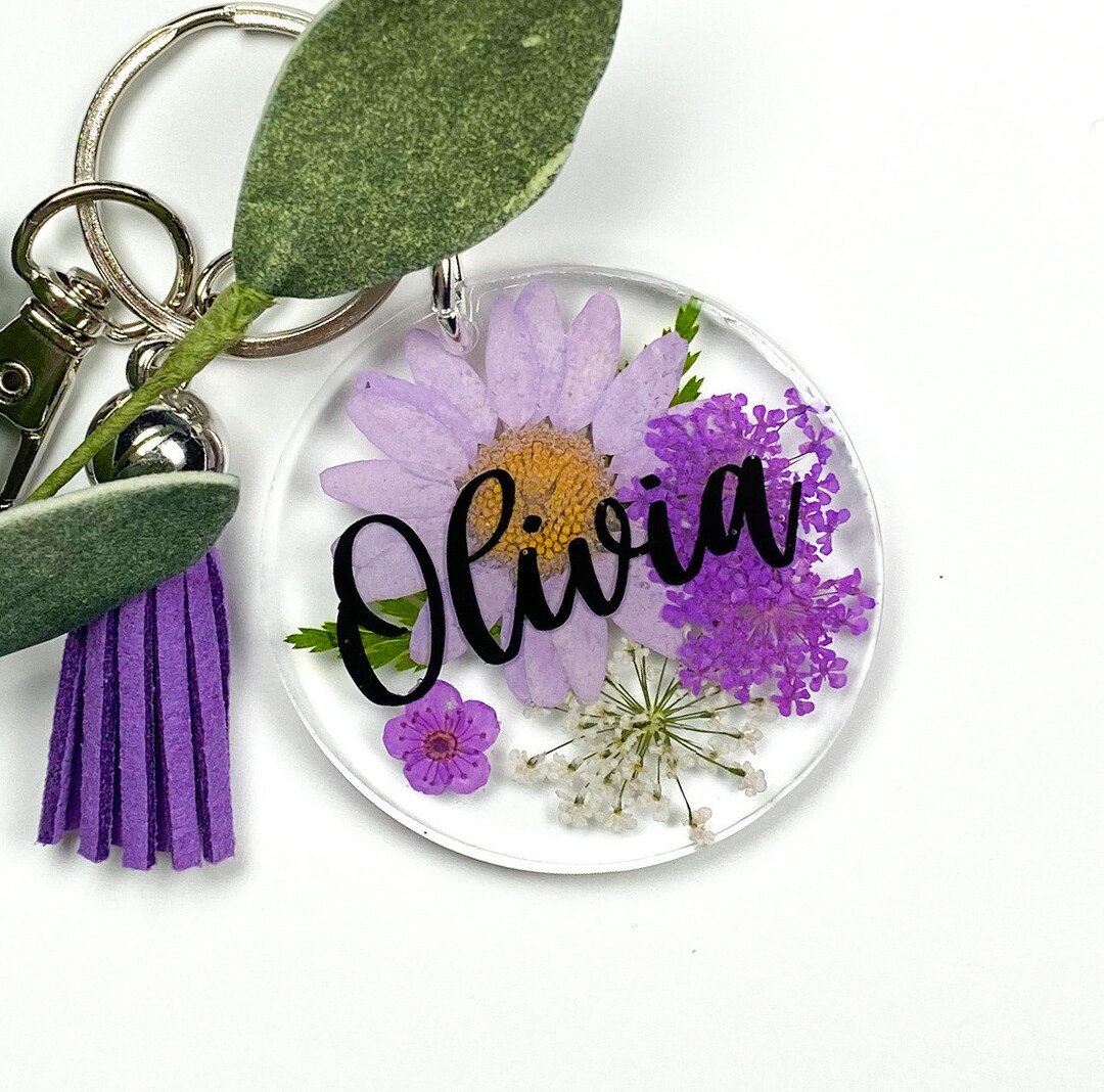 Custom Purple Flower Resin Keychain, Personalized Pressed Dried Floral ...