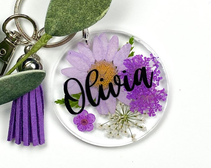 Custom Purple Flower Resin Keychain, Personalized Pressed Dried Floral ...