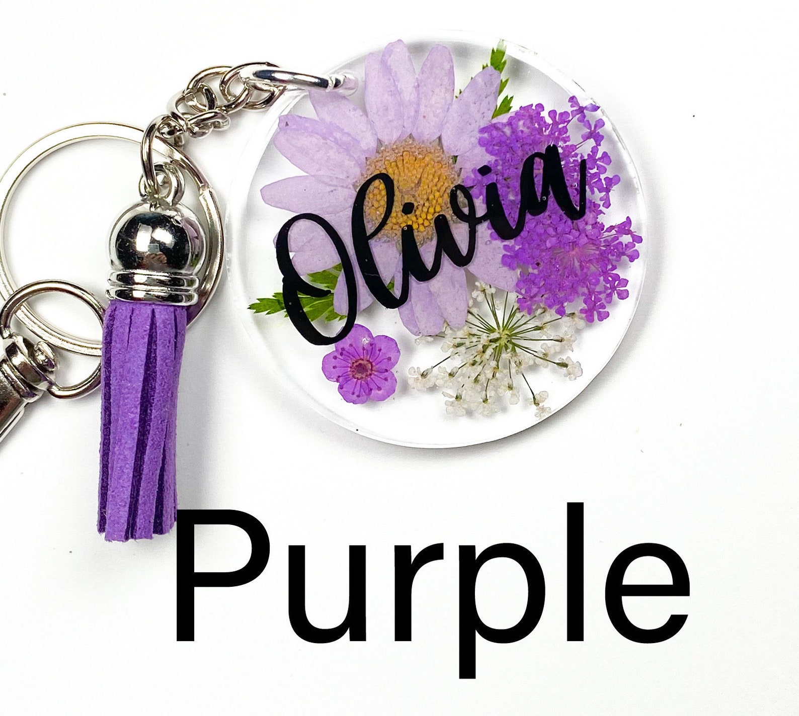 Custom Purple Flower Resin Keychain, Personalized Pressed Dried Floral ...