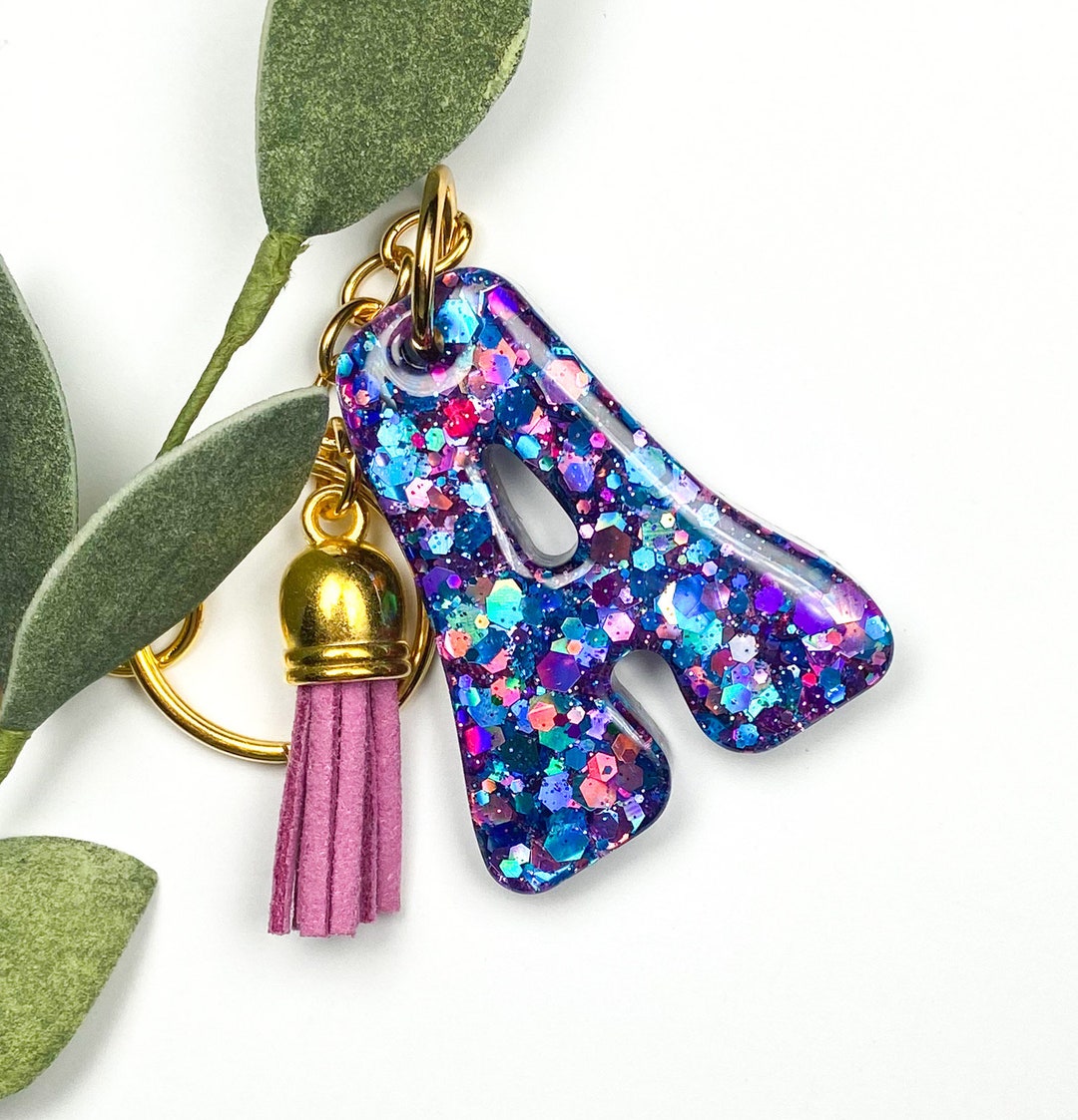 Glitter Resin Letter Keychain, Custom Initial Purple Blue Key Charm ...