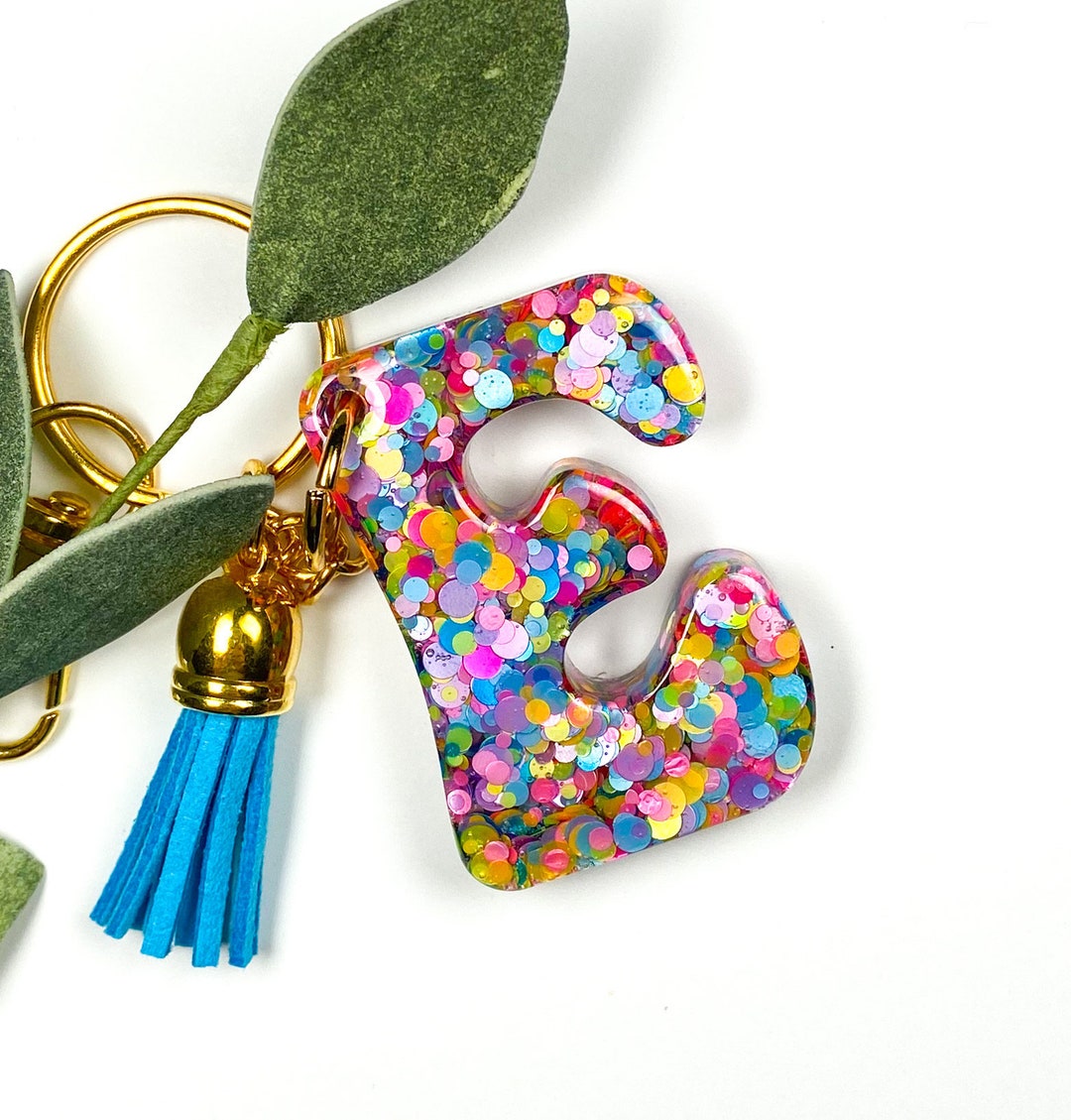 Confetti Glitter Resin Letter Keychain, Custom Initial Neon Dots Key ...