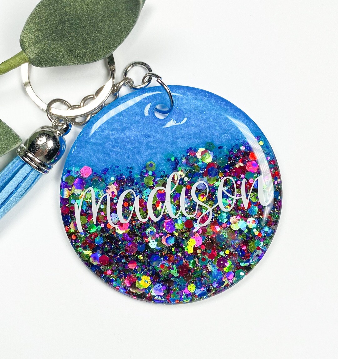 Blue Glitter Personalized Keychain, Neon Blue Name Resin Keychain ...