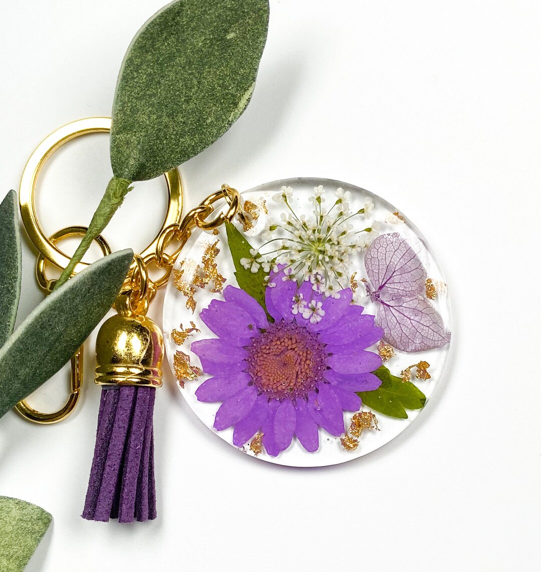 Pressed Purple Flower Resin Keychain, Daisy Key Chain, Dried Flower ...